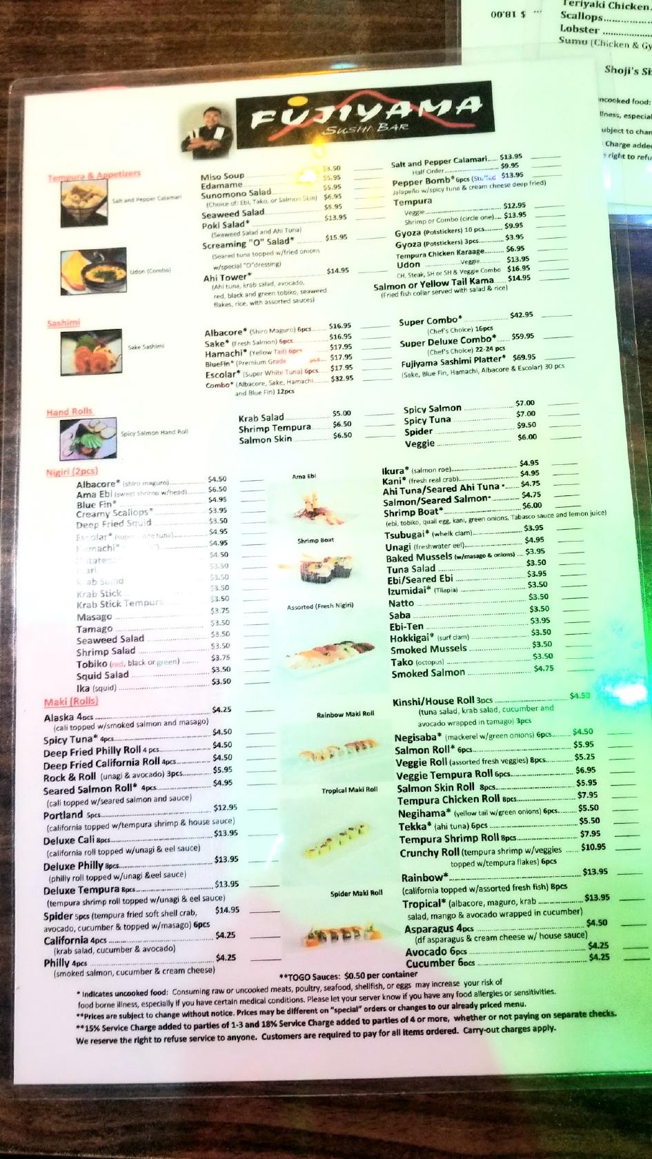 Menu at Fujiyama Sushi Bar, Portland