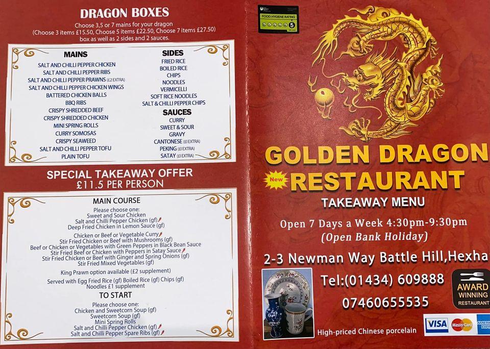 Menu at Golden Dragon restaurant, Hexham