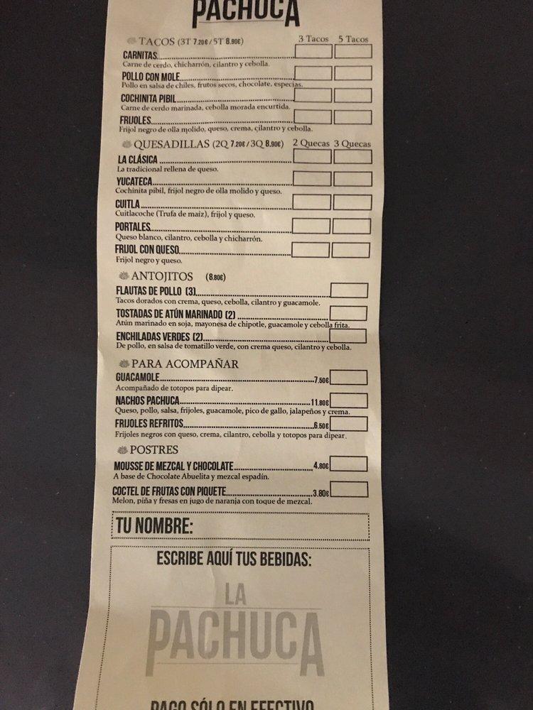 Menu at La Pachuca restaurant, Barcelona