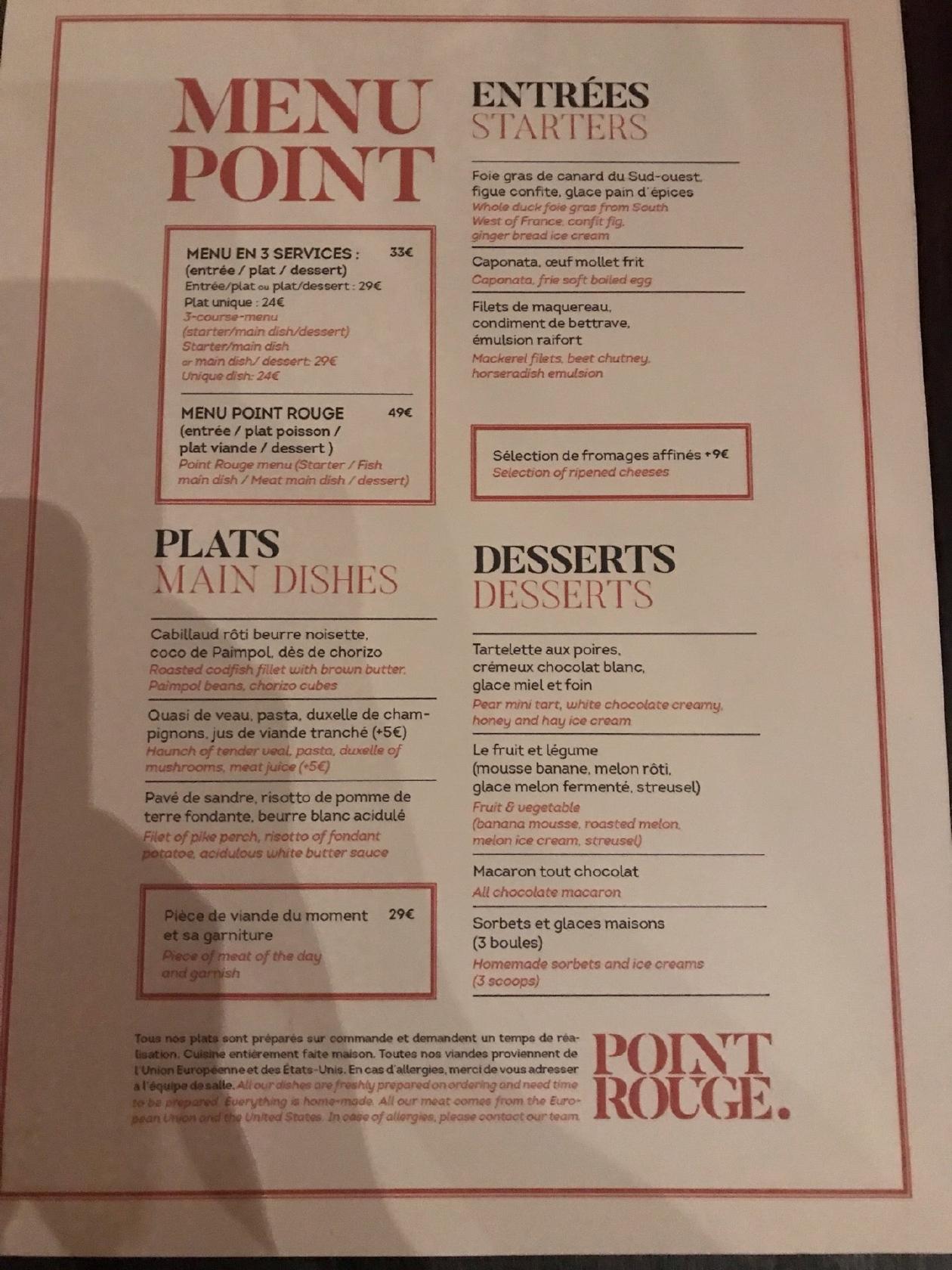 Menu au Restaurant Point Rouge Bordeaux, Bordeaux