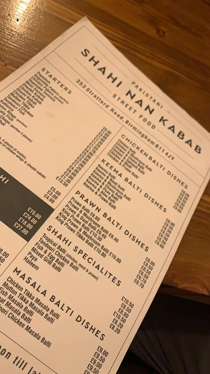 Menu at Shahi Nan Kabab fast food, Birmingham