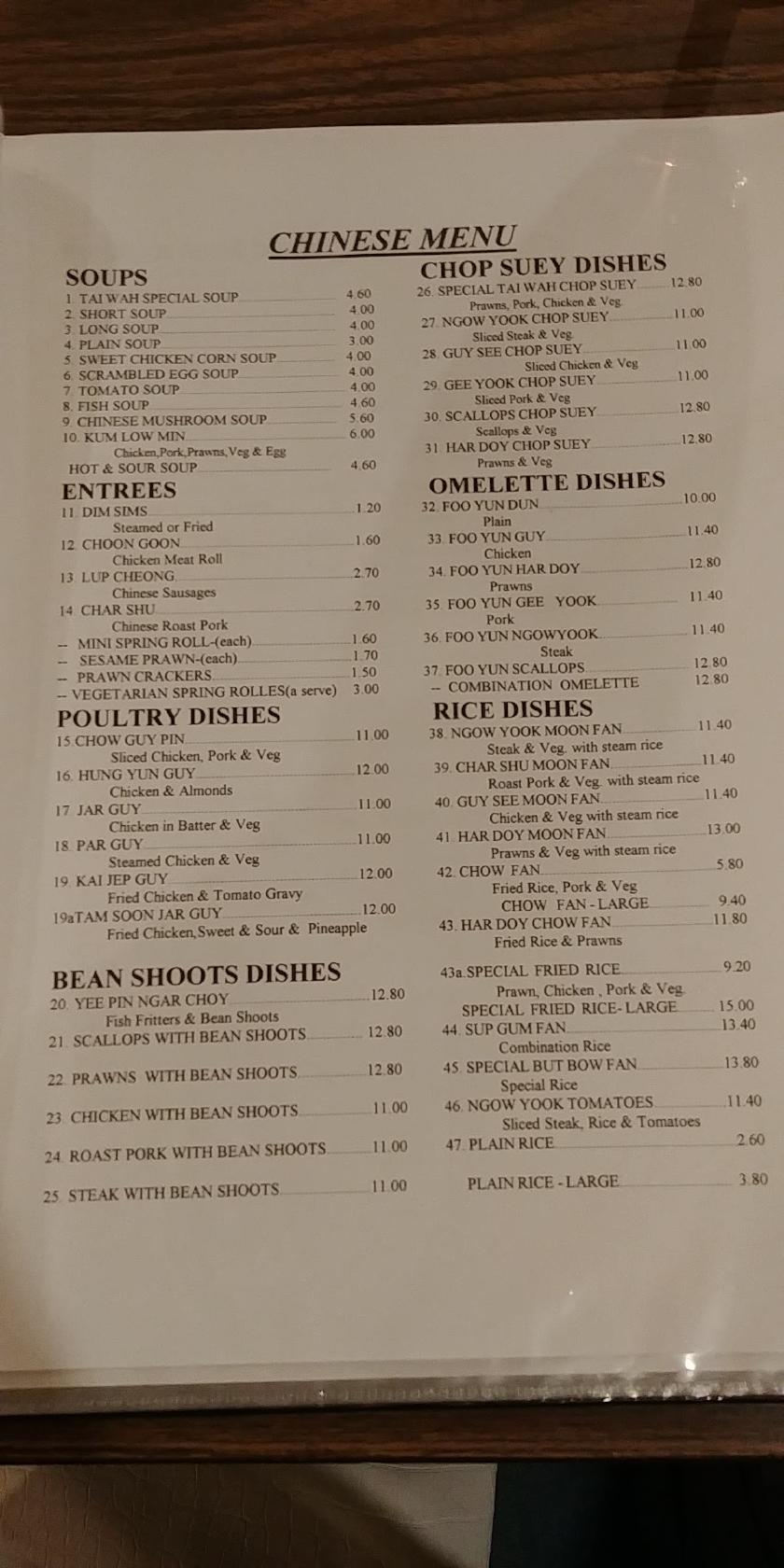 Menu at Tai Wah fast food, Mentone