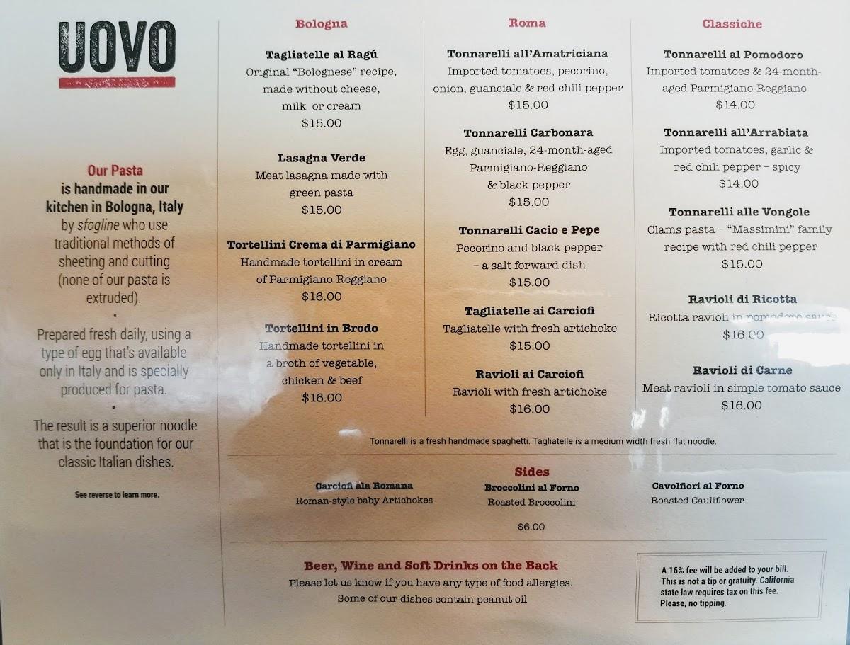 Menu at UOVO Santa Monica restaurant, Santa Monica