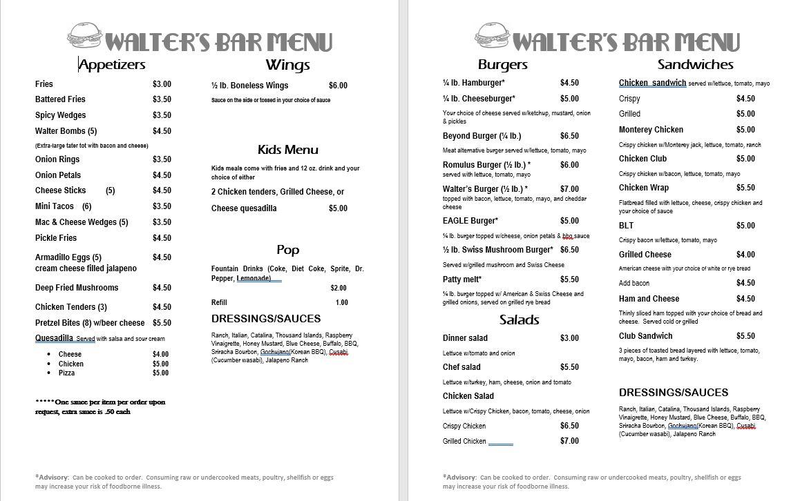 Menu at Walter's Bar & Grill, Romulus