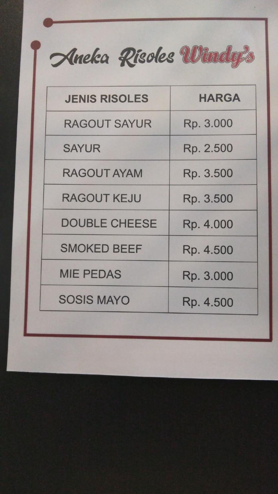 Menu at Windy's Risoles restaurant, Bandung, Jl. Cibeunying Kolot No.33