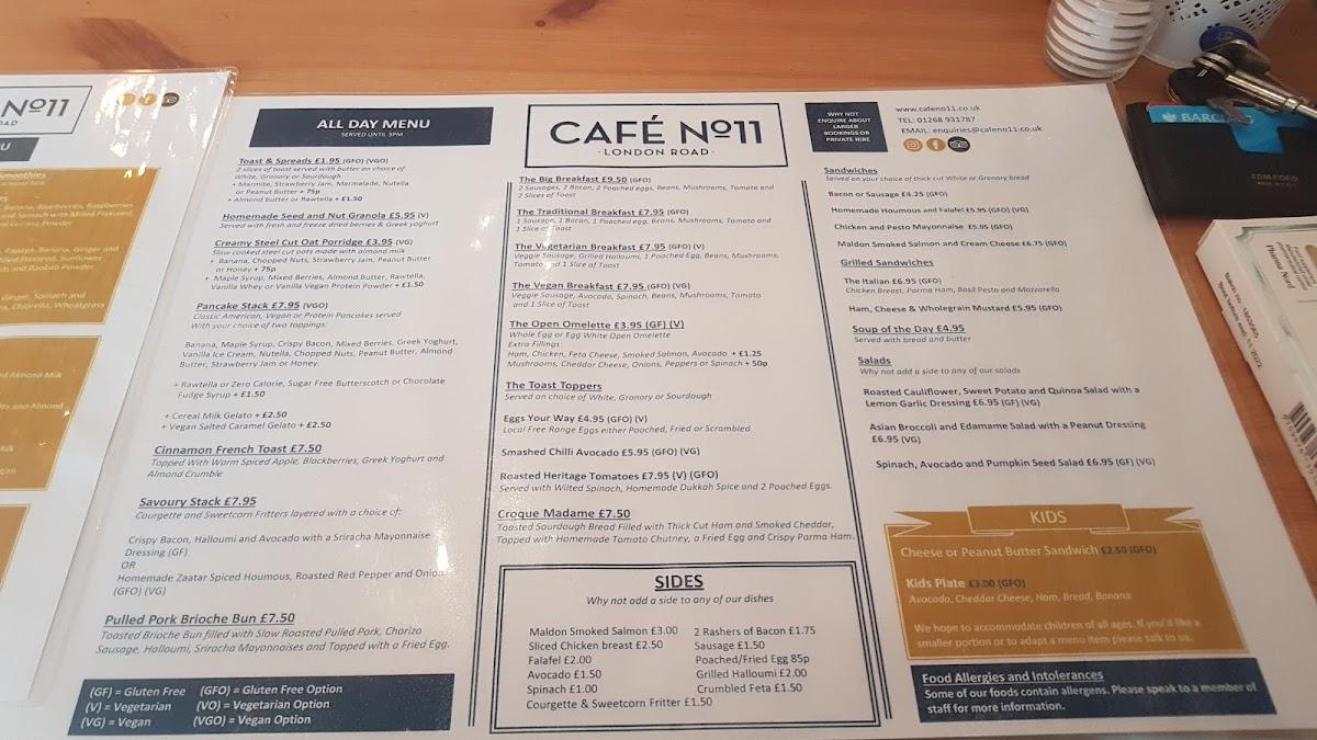 Menu at Café No.11 restaurant, Rayleigh