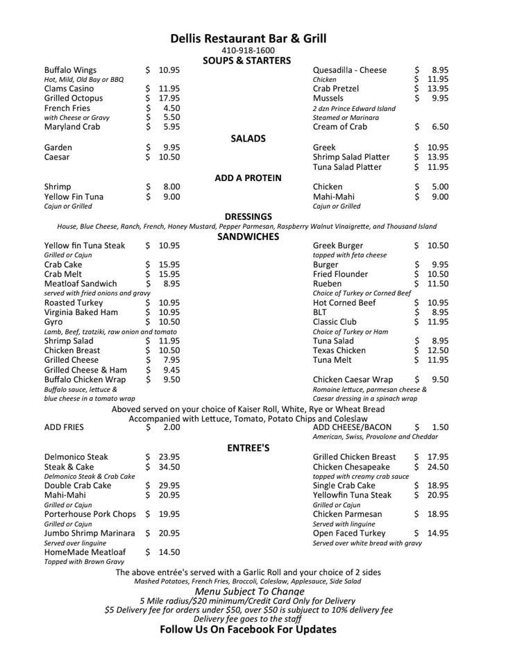 Menu at Dellis' Restaurant Bar & Grill, Rosedale