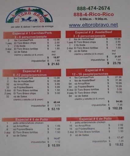 Menu at El Toro Bravo Tortilleria restaurant, Costa Mesa, 745 W 19th St ...