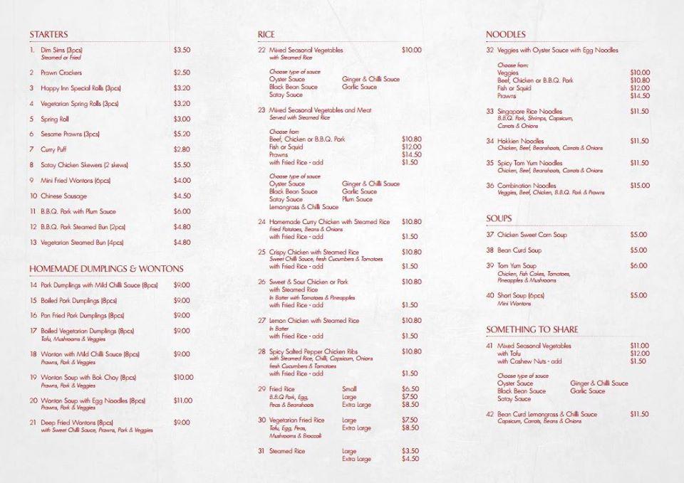 Menu at Happy Inn restaurant, Carlton North, 723 Nicholson St