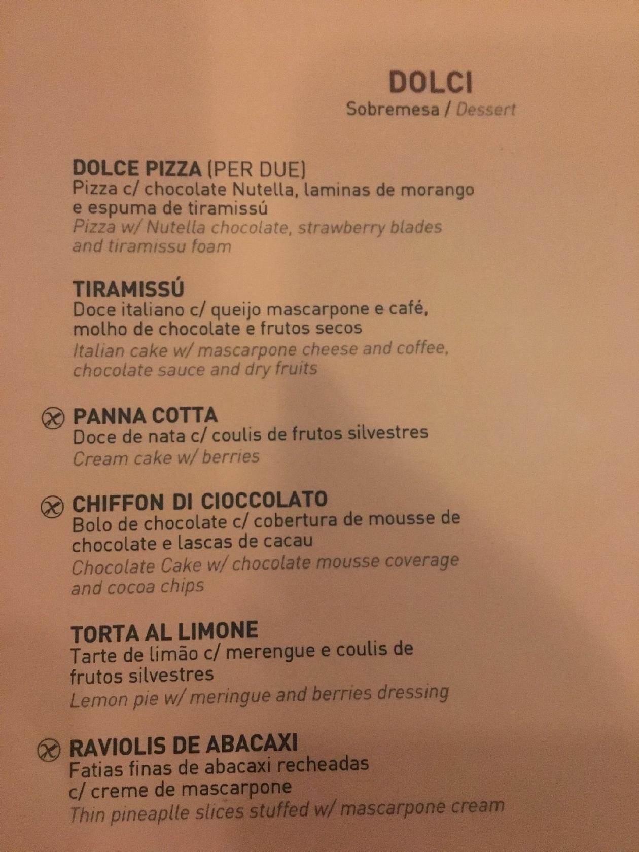 Menu at La Trattoria restaurant, Lisbon