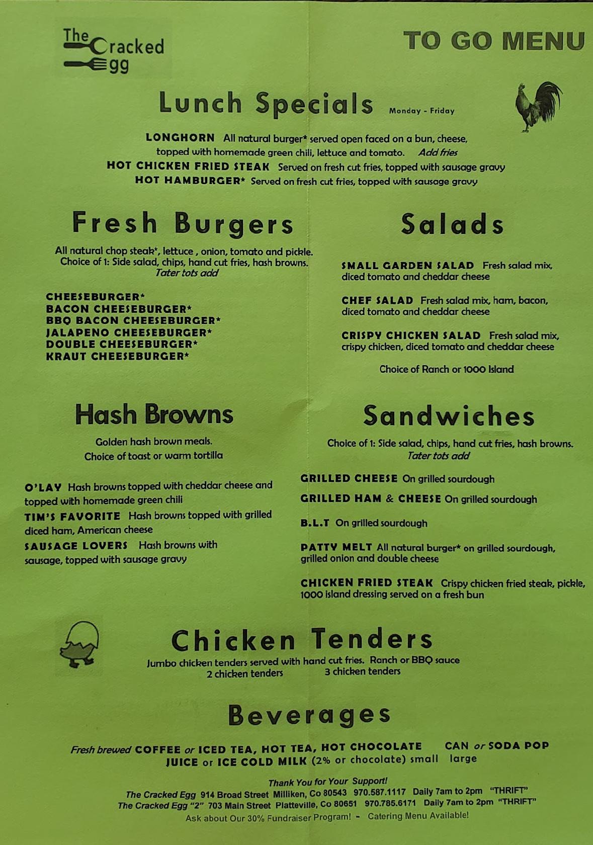 Menu at The Cracked Egg restaurant, Milliken