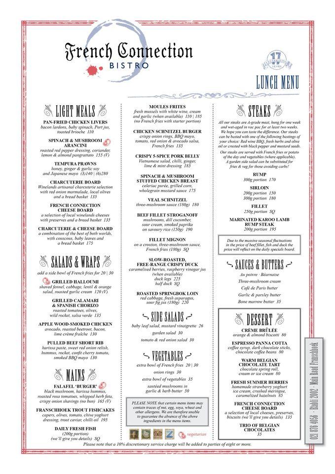 Menu at The French Connection Bistro restaurant, Franschhoek