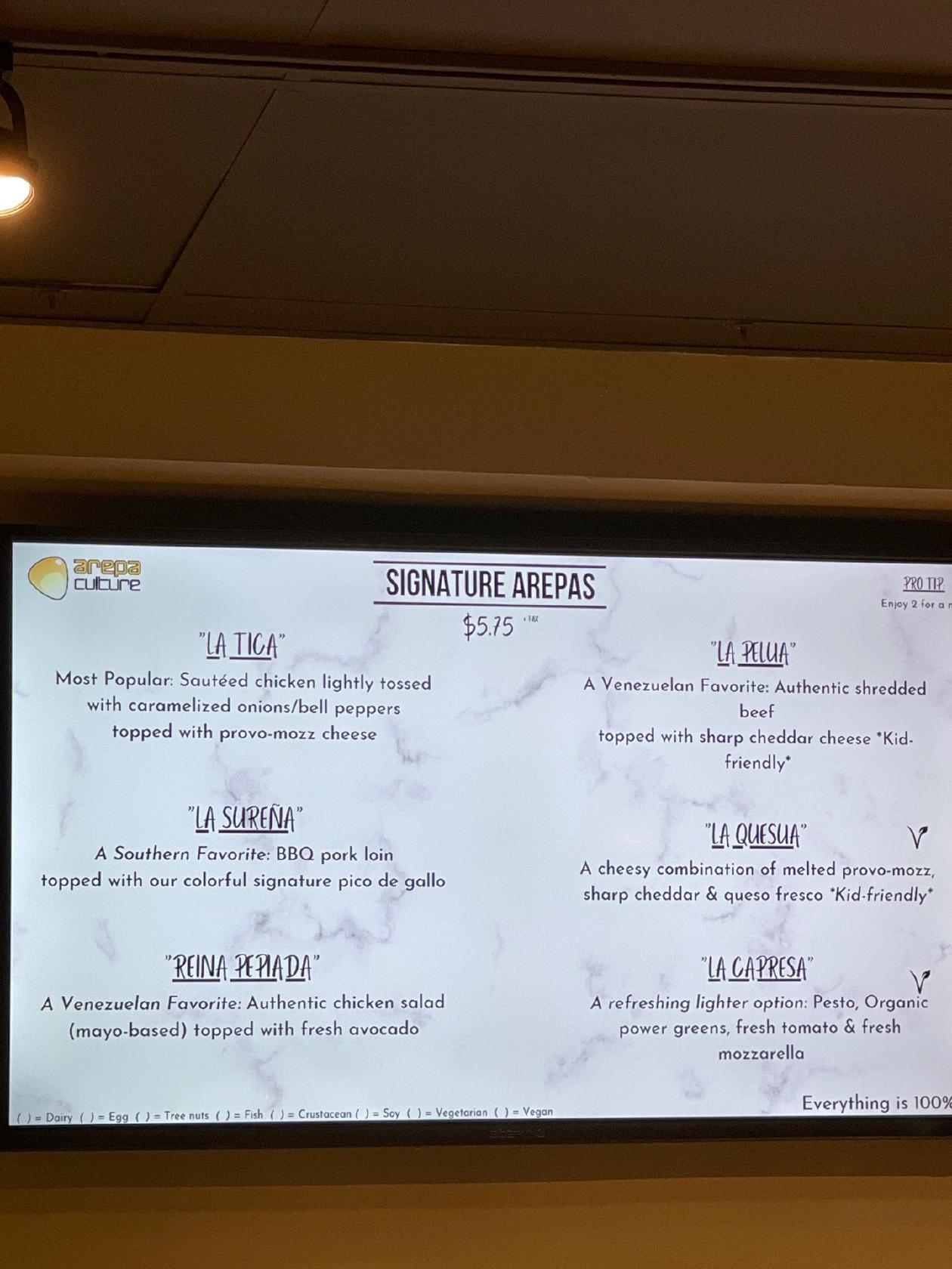 Menu at Arepa Culture restaurant, Raleigh, 6274 Glenwood Ave