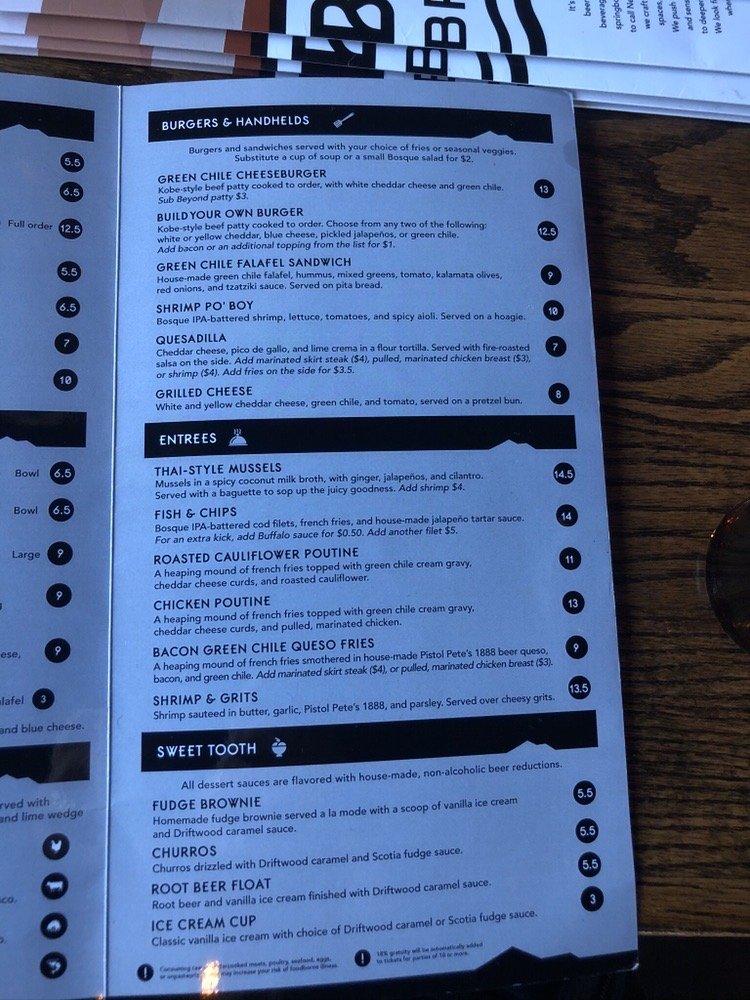 Menu at Bosque Brewing pub & bar, Las Cruces, Telshor Ct