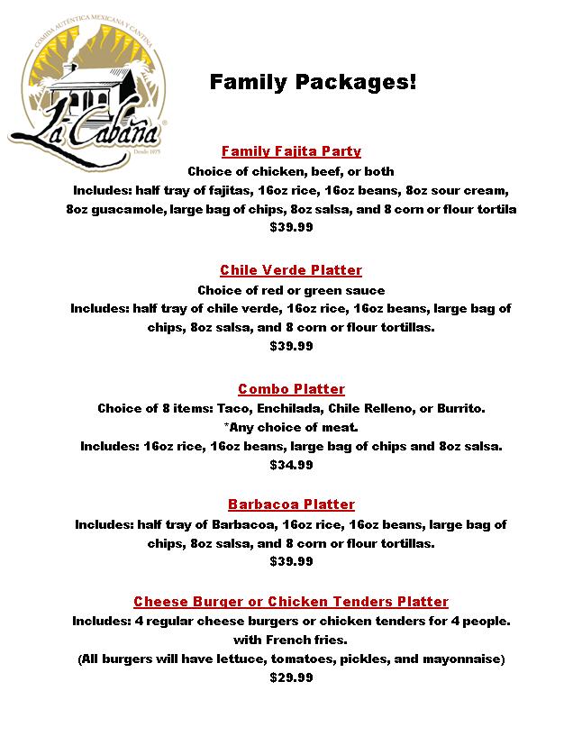 Menu at La Cabana restaurant, Bakersfield, White Ln