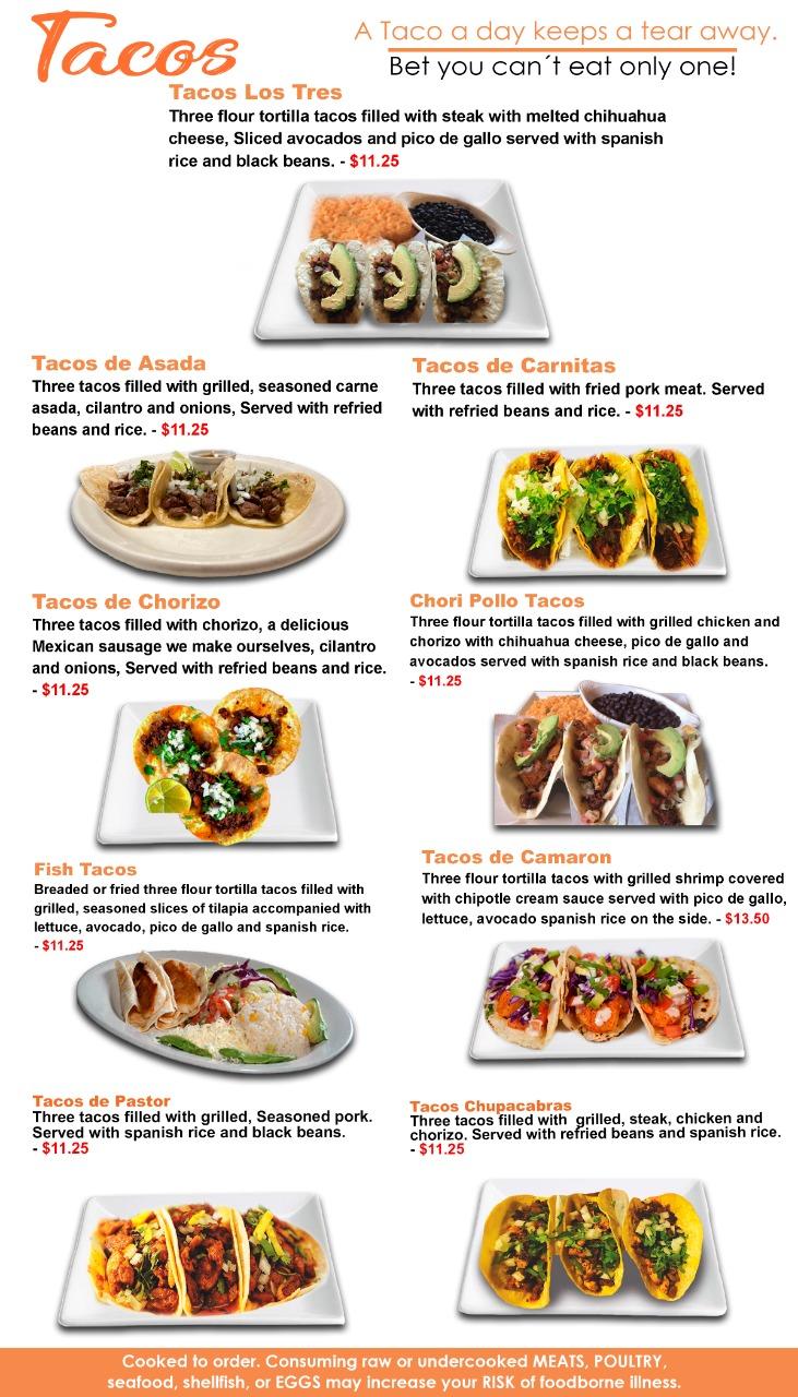 Menu at Los Tres Mexican Restaurant, Cary