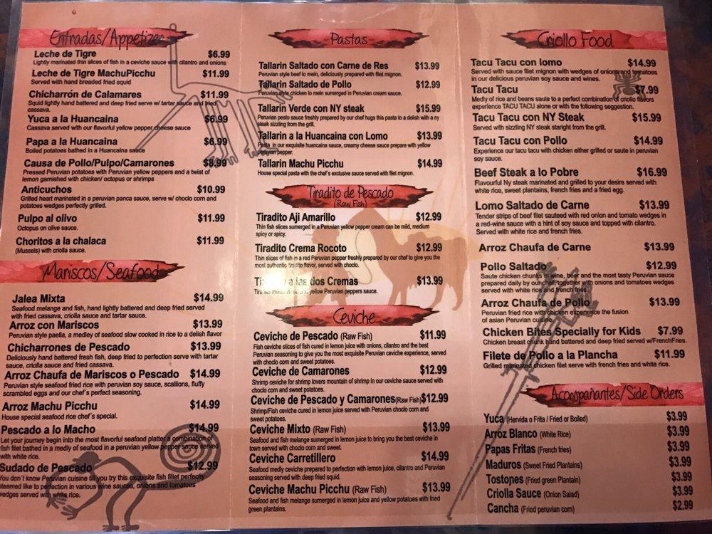 Menu at Machu Picchu Restaurant, Port St. Lucie