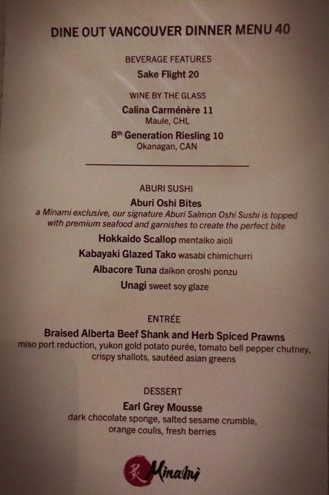 Menu at Minami restaurant, Vancouver