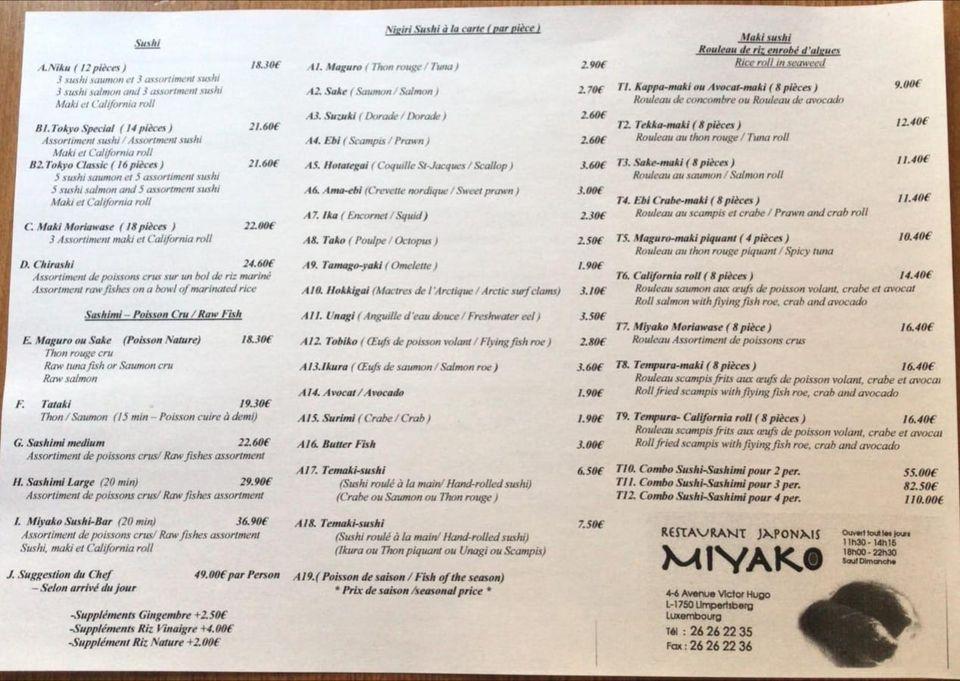 Menu au Miyako Sàrl restaurant, Luxembourg