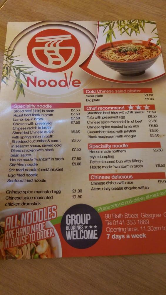 Menu at Noodle Bar, Glasgow, 98 Bath St