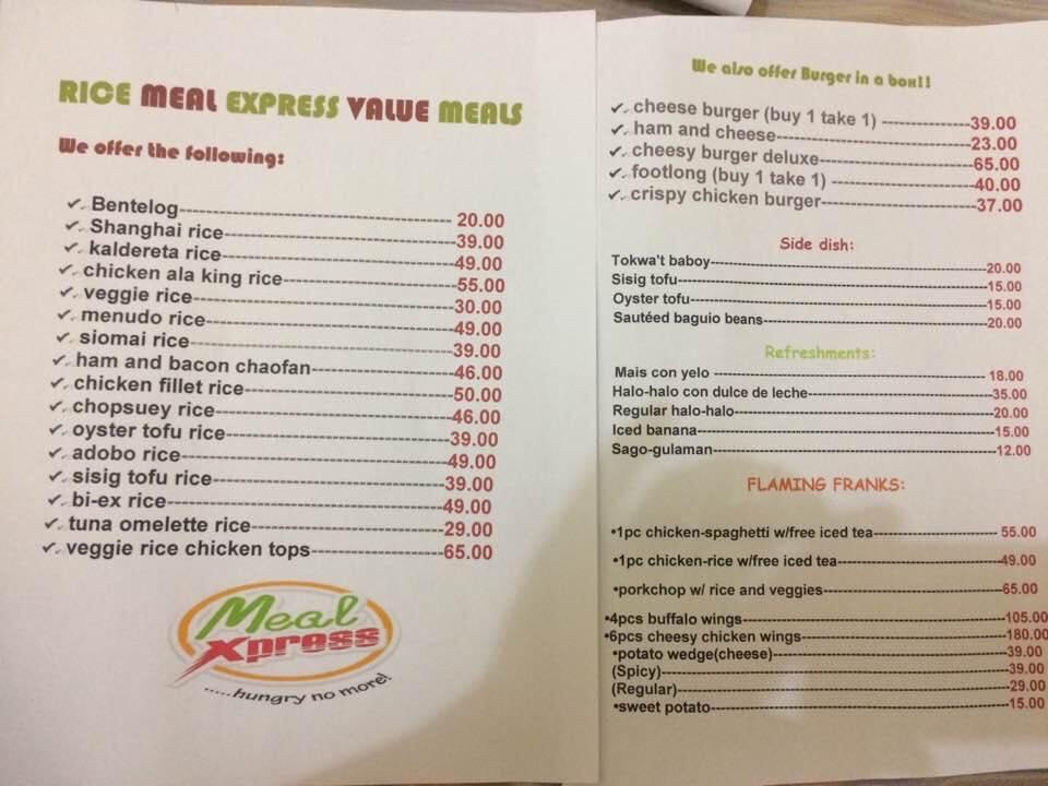 Menu at Rice Meal Xpress restaurant, Nasugbu