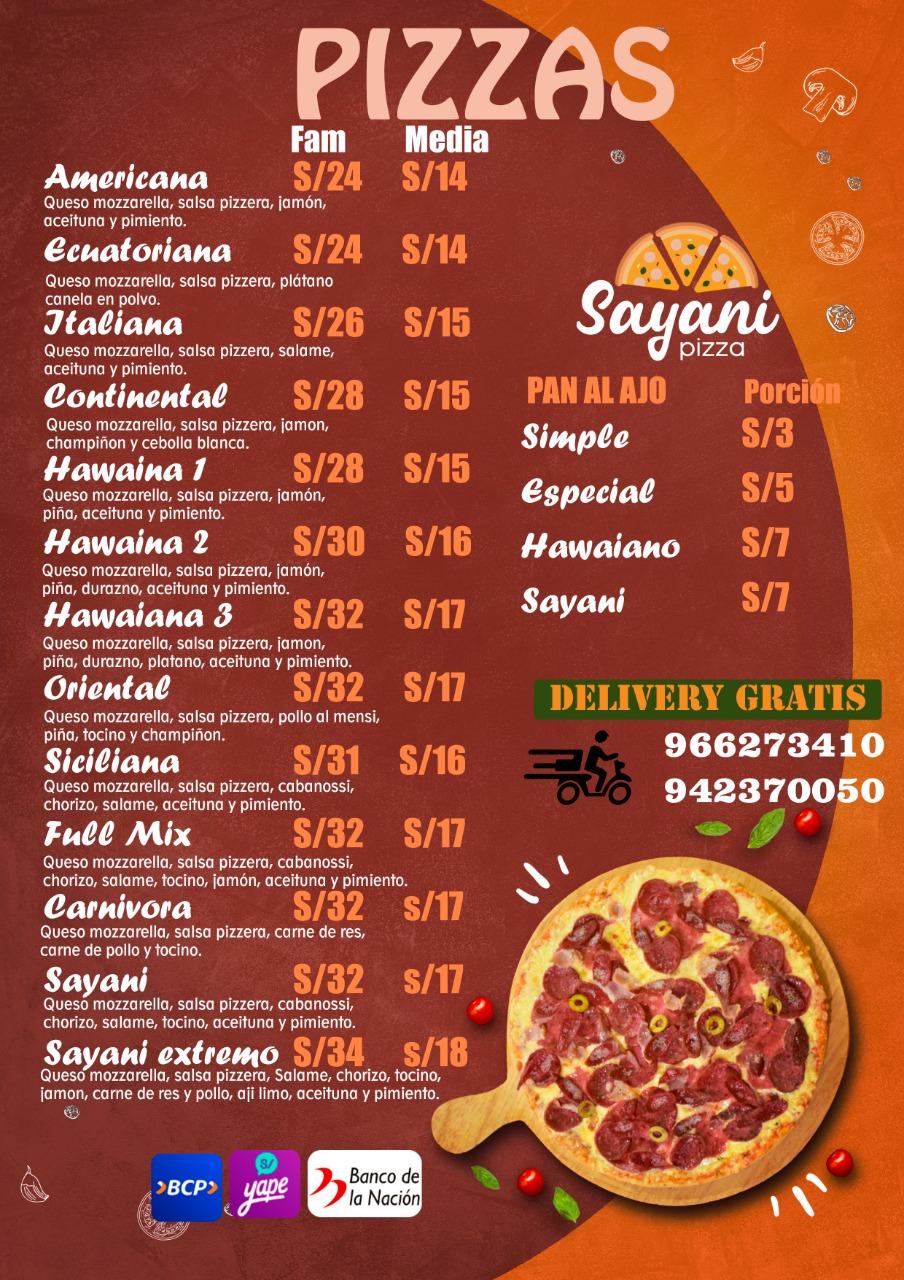 Menu at SAYANI PIZZA restaurant, Ayacucho