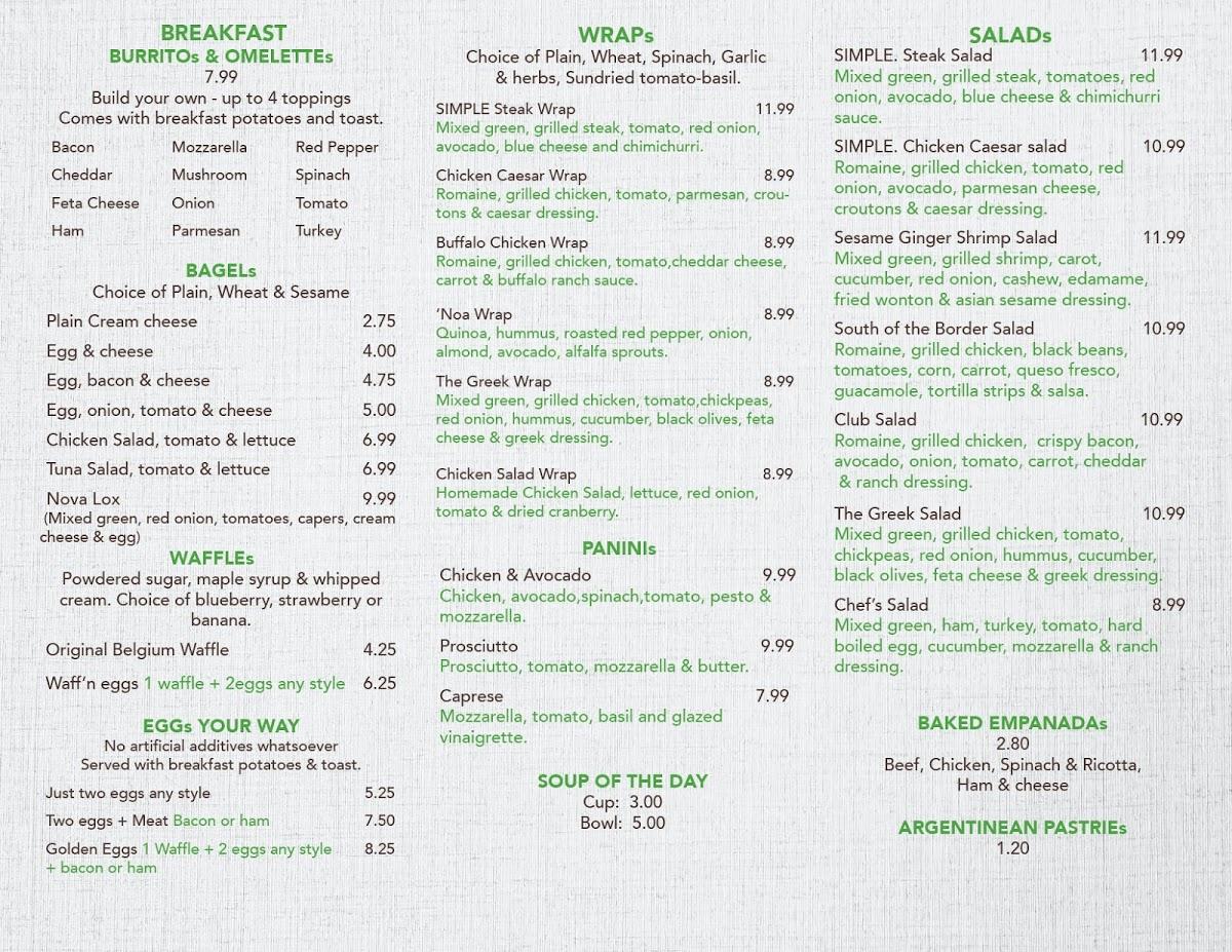Menu at Simple Cafe, Boca Raton