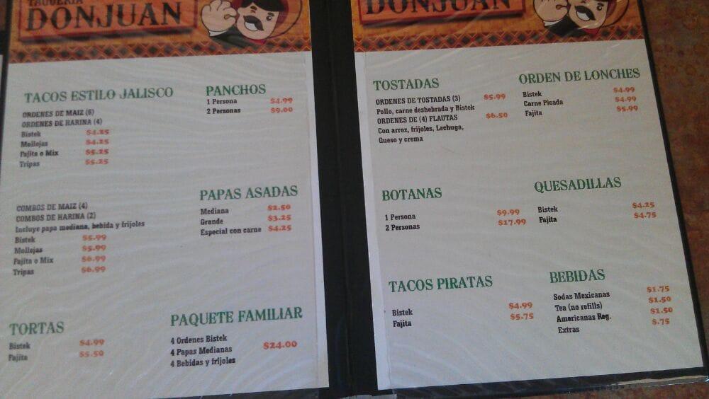 Menu at Taqueria Don Juan restaurant, Elsa, 204 W Edinburg Ave