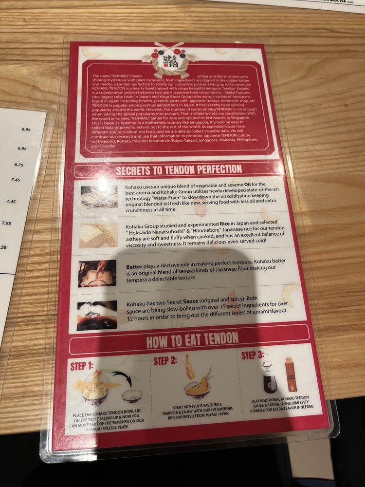 Carta del restaurante Tendon Kohaku - Metrotown, Burnaby