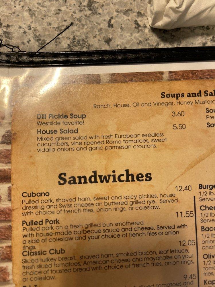 Menu at Westsider Cafe, Grand Rapids