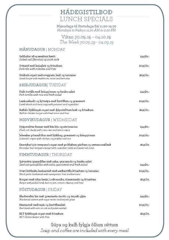 Speisekarte von Geysir Bistro Reykjavík restaurant, Island