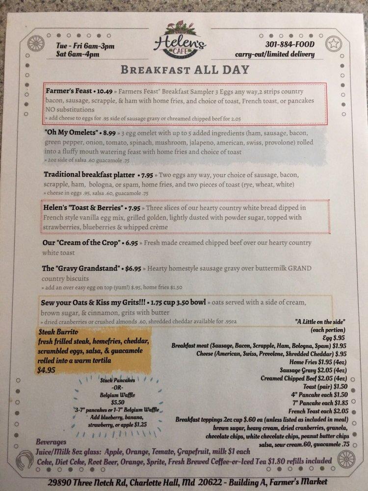 Menu at Helen's Cafe, Charlotte Hall