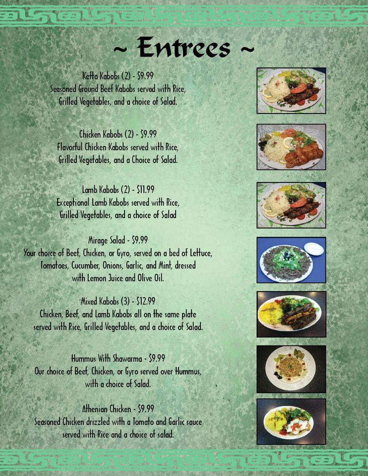 Menu at Mirage Mediterranean restaurant, Louisville