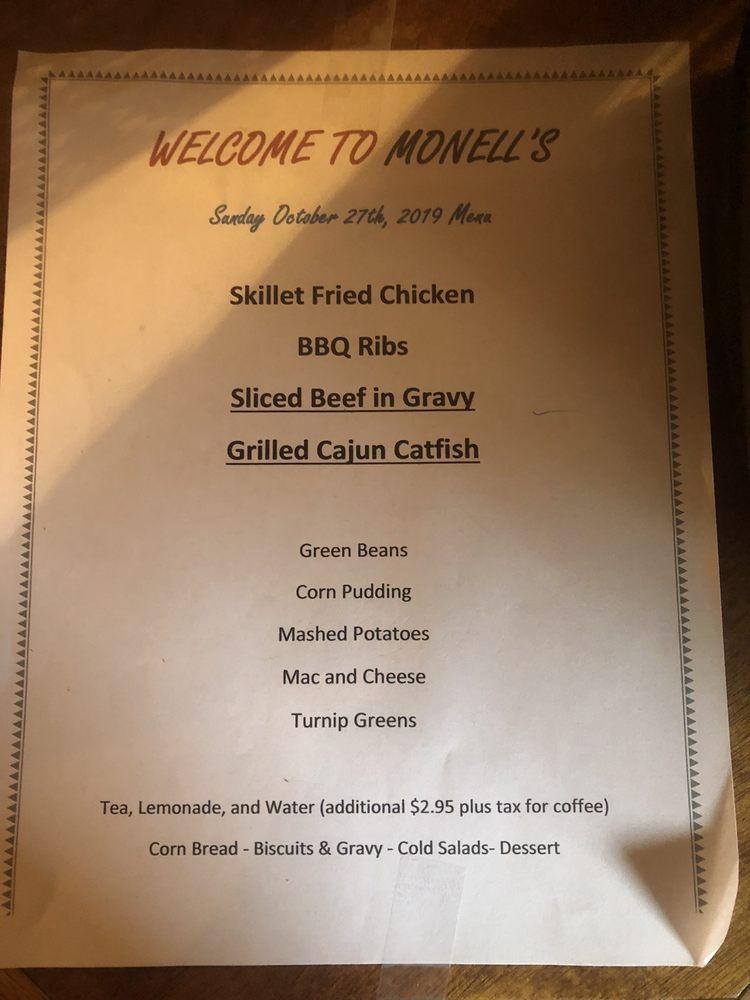 Menu at Monell's At the Manor restaurant, Nashville