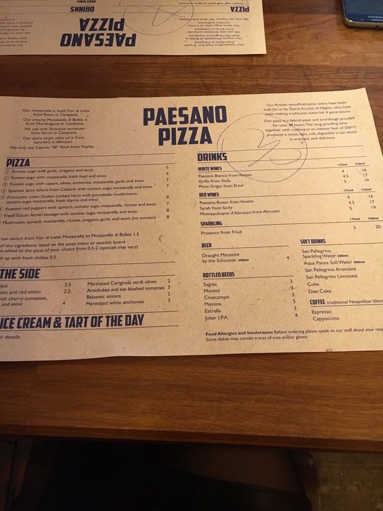 Menu at Paesano Pizza pizzeria, Glasgow, 94 Miller St