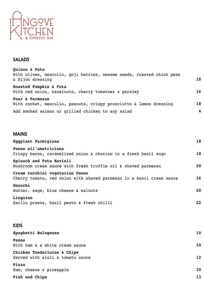 Menu at Angove Kitchen and Espresso Bar, North Perth