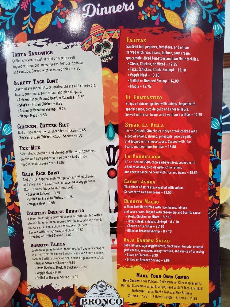 Menu at Bronco Mexican Main Street restaurant, Spartanburg, 435 E Main St