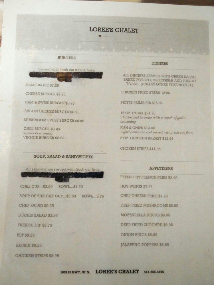 Menu at Loree's Chalet Restaurant, Chemult