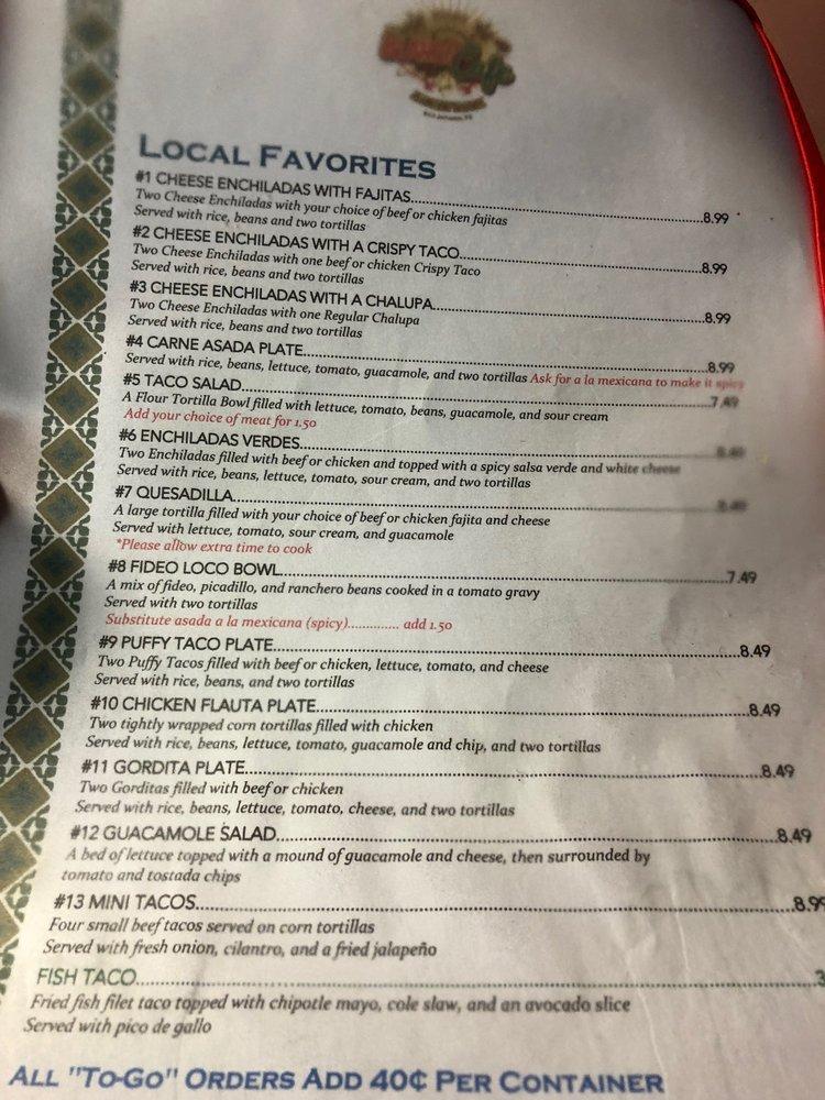 Menu at Original Blanco Cafe, San Antonio, Fredericksburg Rd