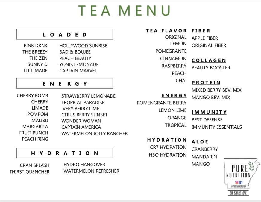 Menu at Pure Nutrition pub & bar, Bentonville