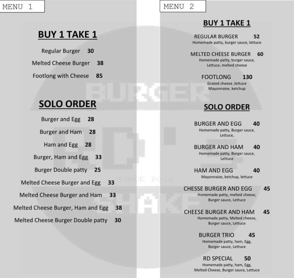 Menu at RD's Burger pub & bar, Pasig
