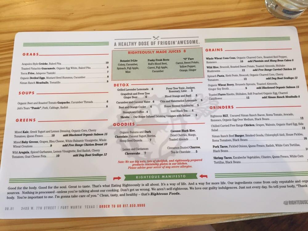 Menu at Righteous Foods cafe, Fort Worth