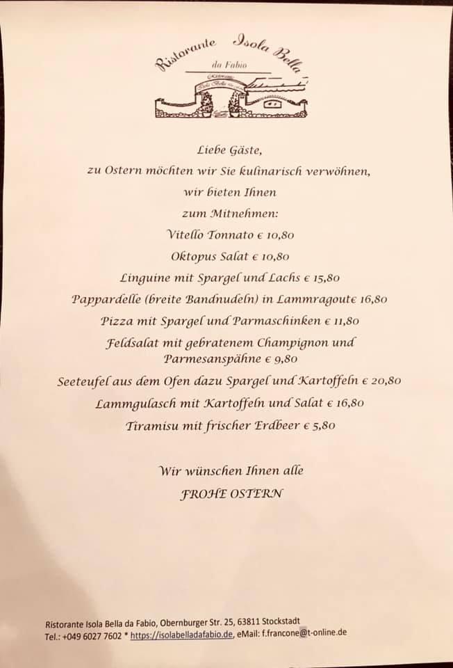 Speisekarte von Trattoria Isola Bella restaurant, Stockstadt am Main