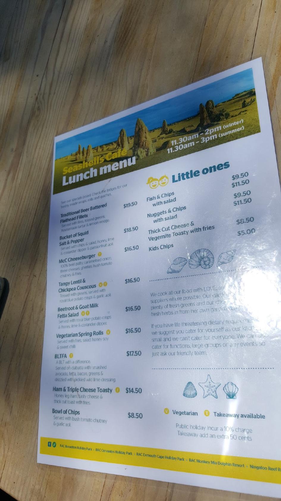 Menu at Seashells Cafe, Cervantes