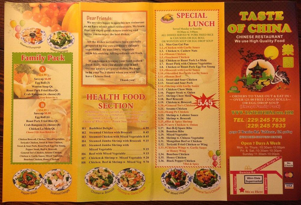 Menu at Taste of China restaurant, Valdosta