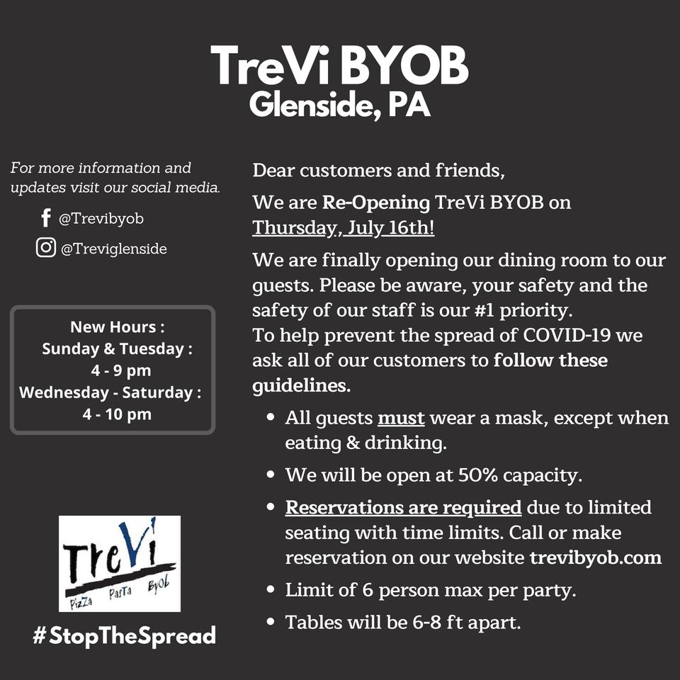 Menu at TreVi Pizza Pasta BYOB pizzeria, Glenside