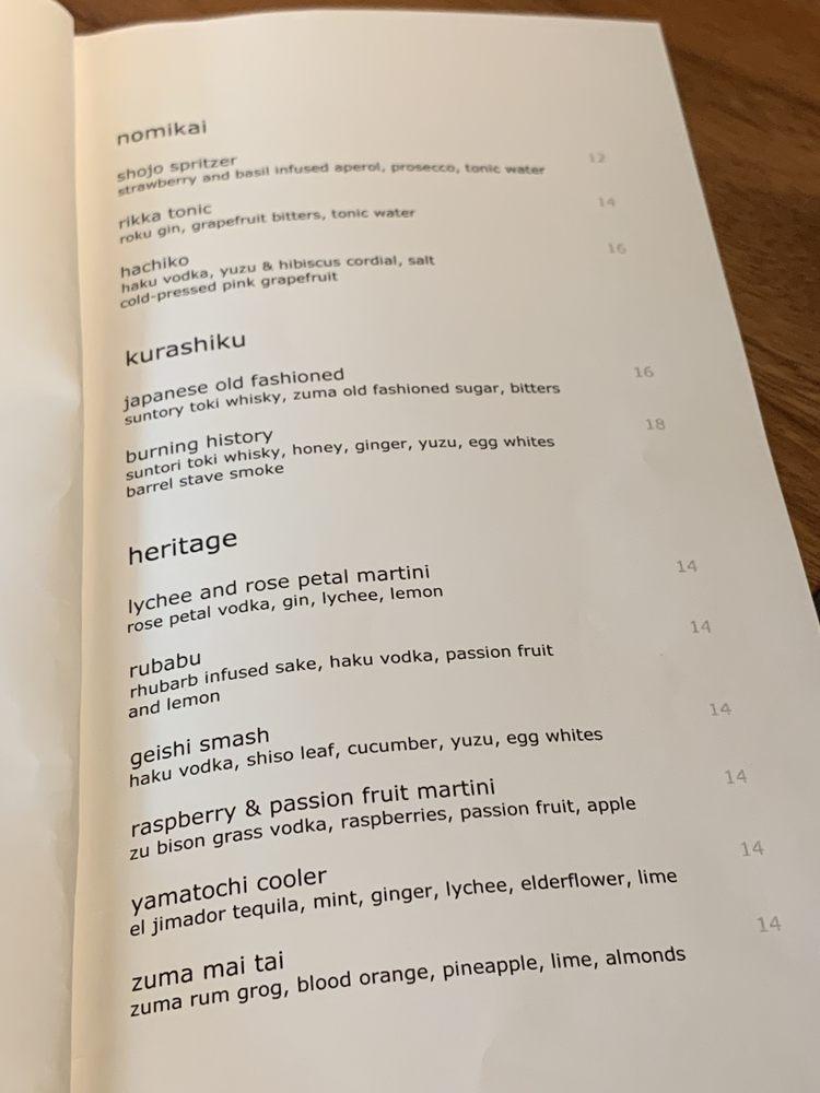 Menu at Zuma Boston restaurant, Boston