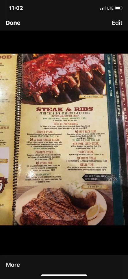 Menu at Black Stallion Steak House Restaurant, Monticello