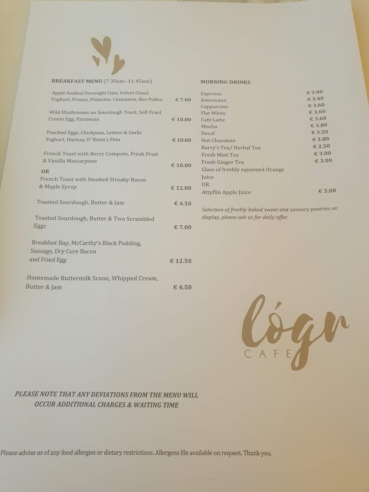 Menu at Café Lógr restaurant, Adare