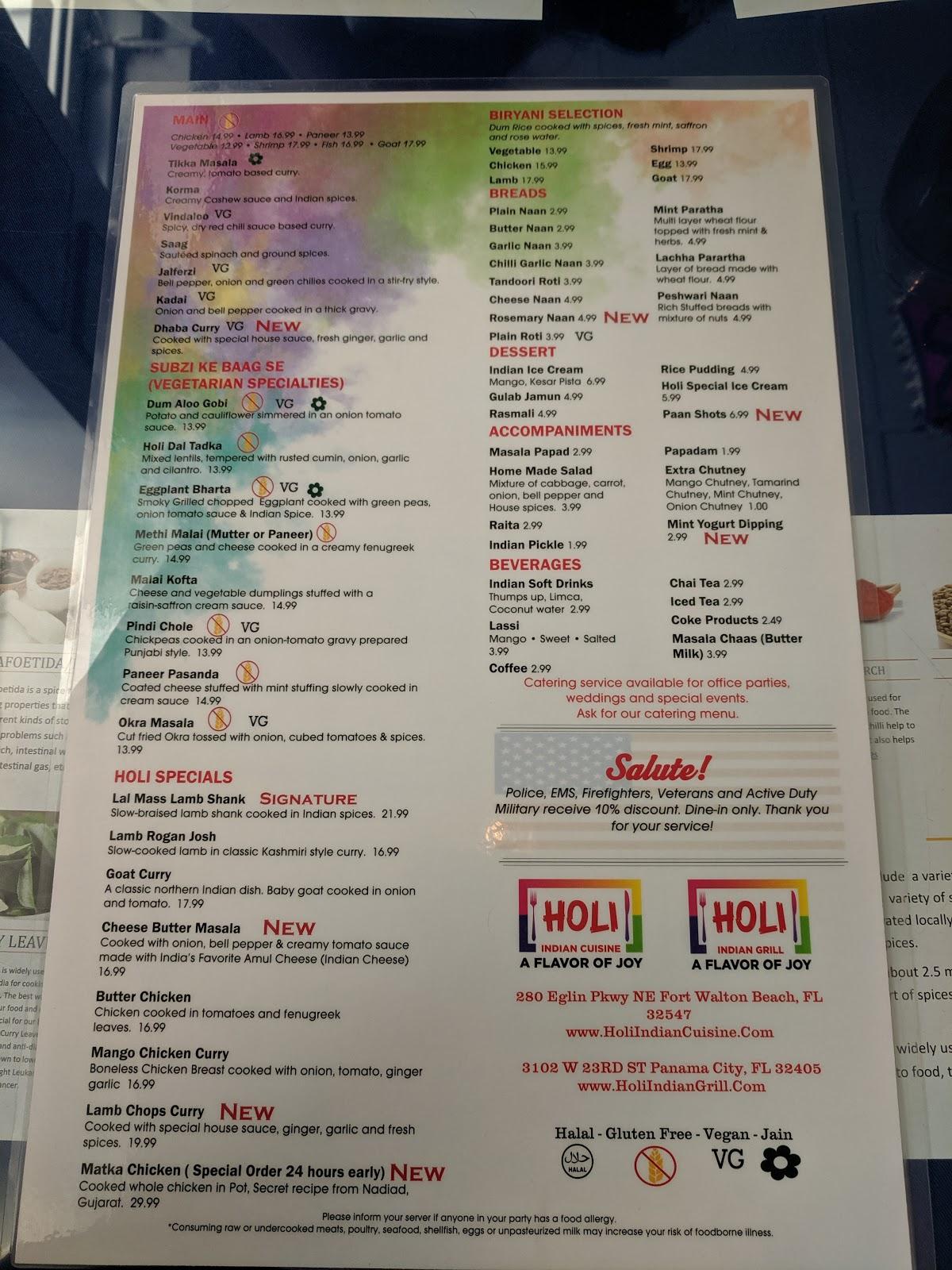 Menu at Holi Indian Cuisine (A Flavor of Joy) restaurant, Fort Walton Beach